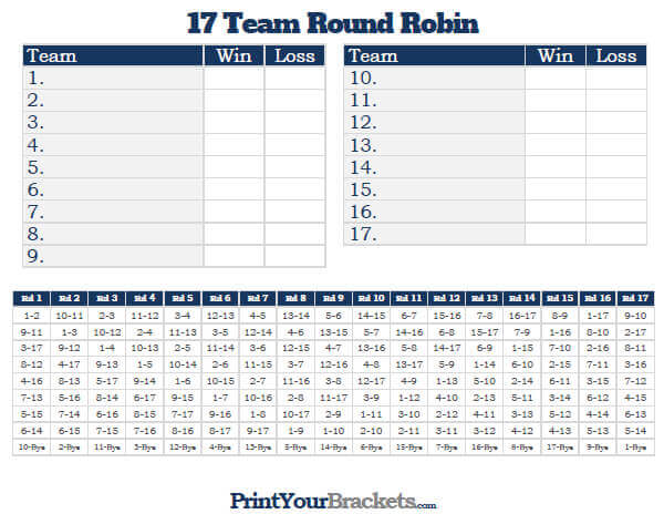 17 Team Round Robin Printable Tournament Bracket